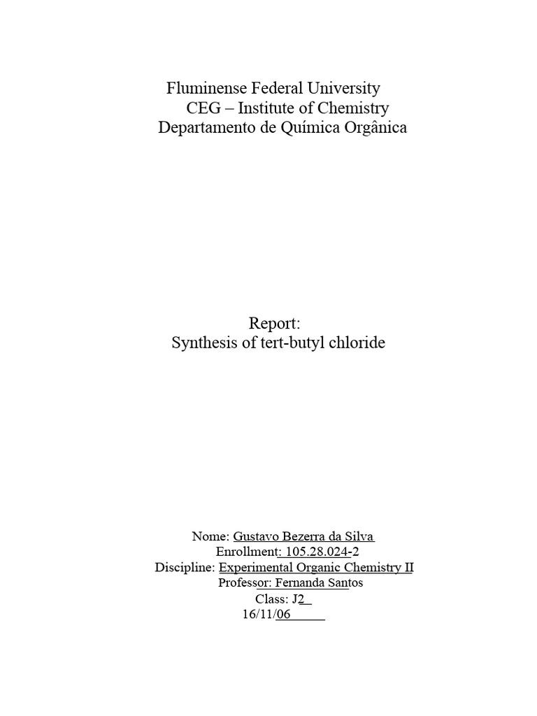 Synthesis of Tert-Butyl Chloride - Gustavo | PDF | Chemical Reactions ...