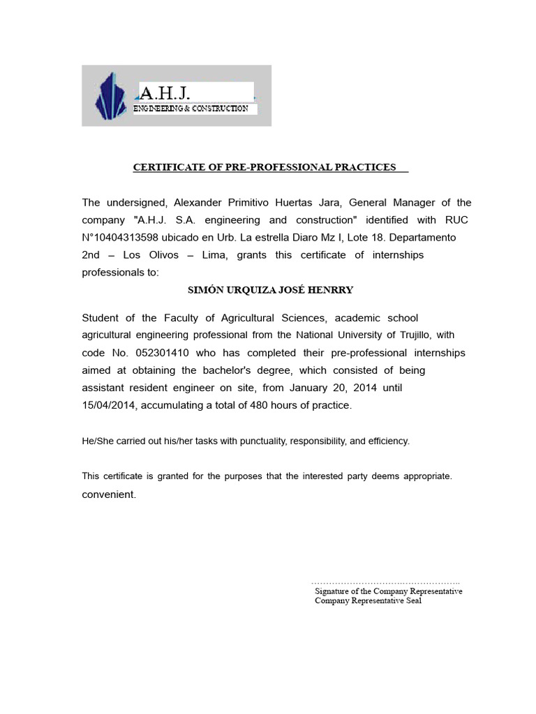 Certificate of Pre Professional Practice | PDF