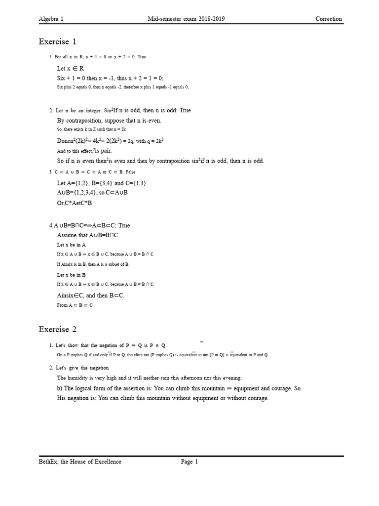 Algebra 1 Mid-Semester Exam Corrections | PDF | Mathematics ...