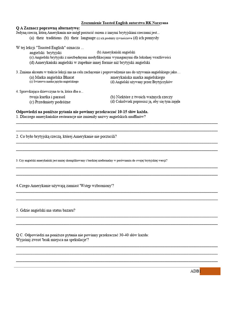 Zrozumienie Toasted English Autorstwa RK Narayana - Arkusz Ćwiczeń | PDF