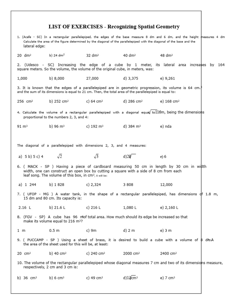 LIST OF EXERCISES SECOND YEAR SANFRA CUBE AND PARALLELEPIPED. | PDF ...