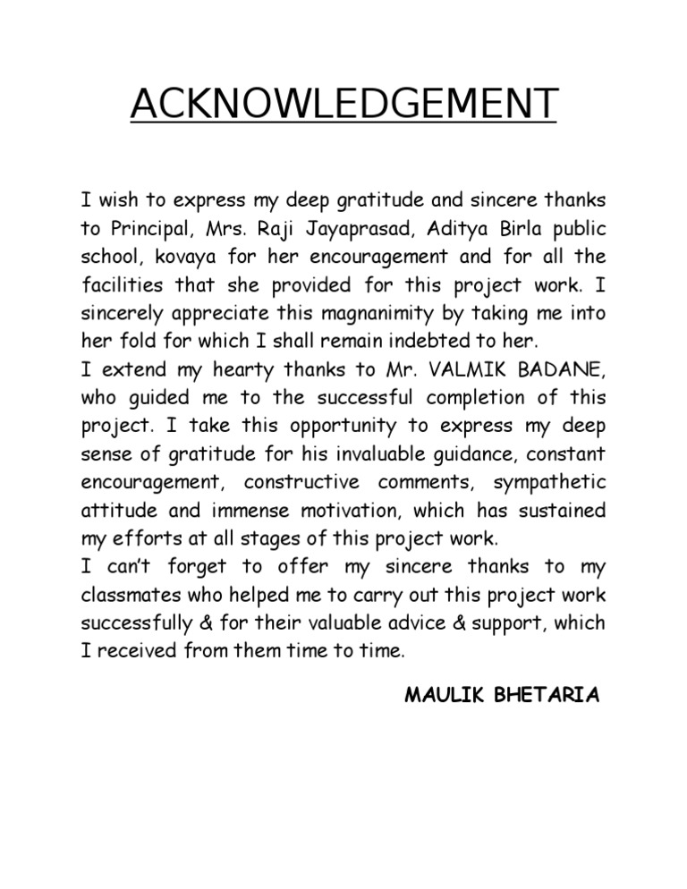 Acknowledgements for Project Work | PDF | Career & Growth | Social Science