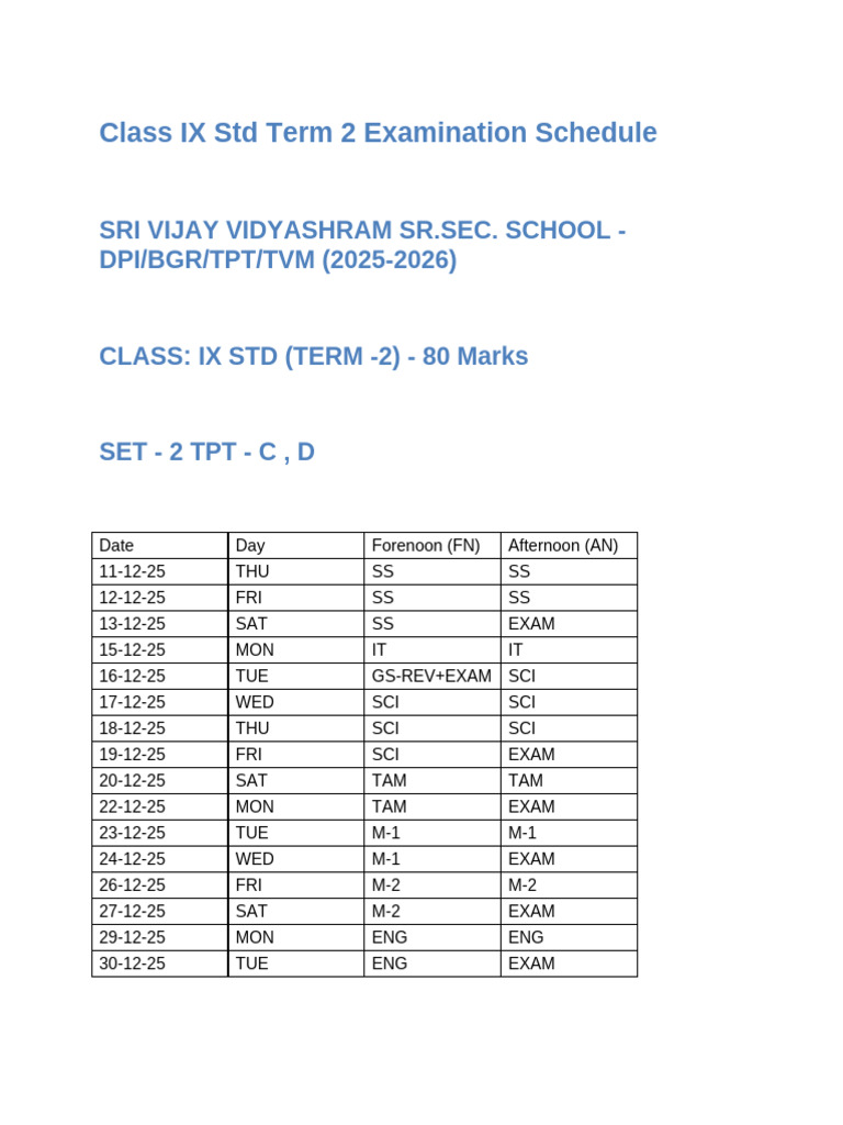 IX STD Term 2 Exam Schedule | PDF