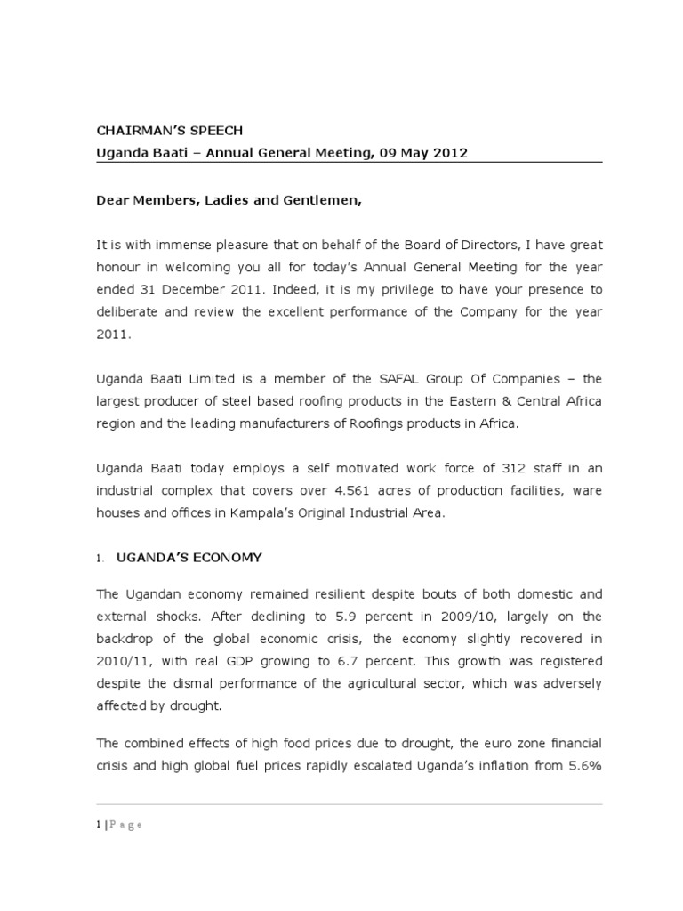 Chairman's Speech Uganda Baati AGM 09-05-2012 | PDF | Corporate Social ...