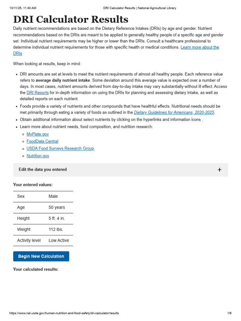 DRI Calculator Results for Nutrients | PDF | Nutrients | Vitamin