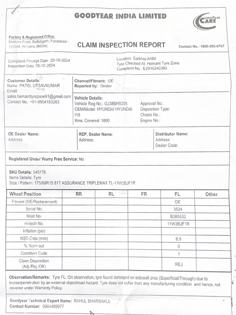 Tyre Report of GJ38BH9209 | PDF