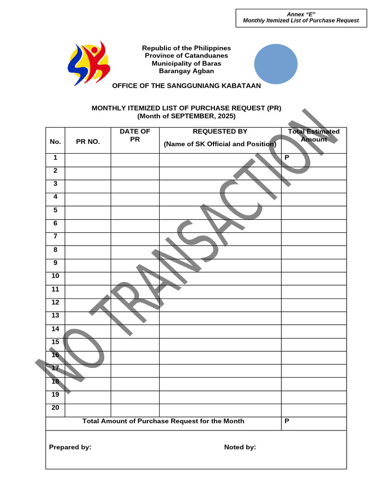 3.7 Sk Mc Annex e Monthly Itemized Purchase Request Skfpd Policy ...