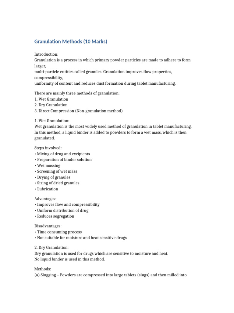 Granulation Methods 10 Marks | PDF