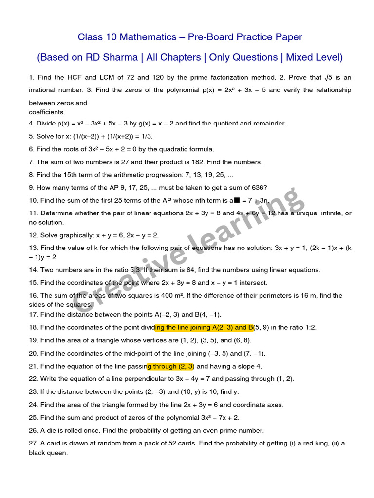 Class10 Maths Preboard RDSharma 50Q Final 1 PDF 20251111 180441 | PDF ...
