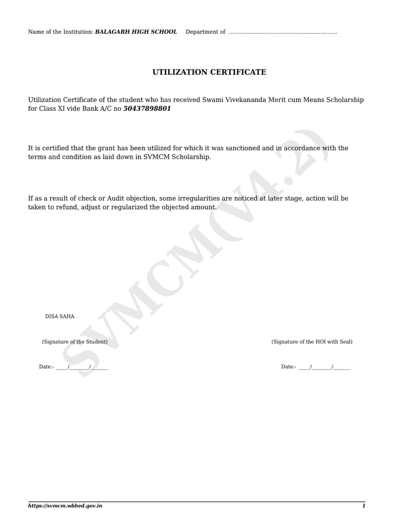SVMCM Scholarship Utilization Certificate | PDF
