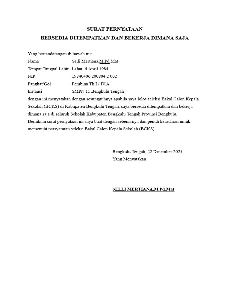 Surat Pernyataan Kesediaan Kerja Selli Mertiana | PDF