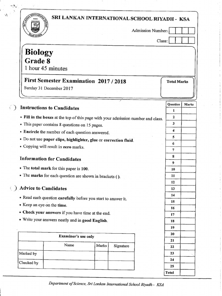 Grade 8 Biology 1st Sem 2017 2018 | PDF