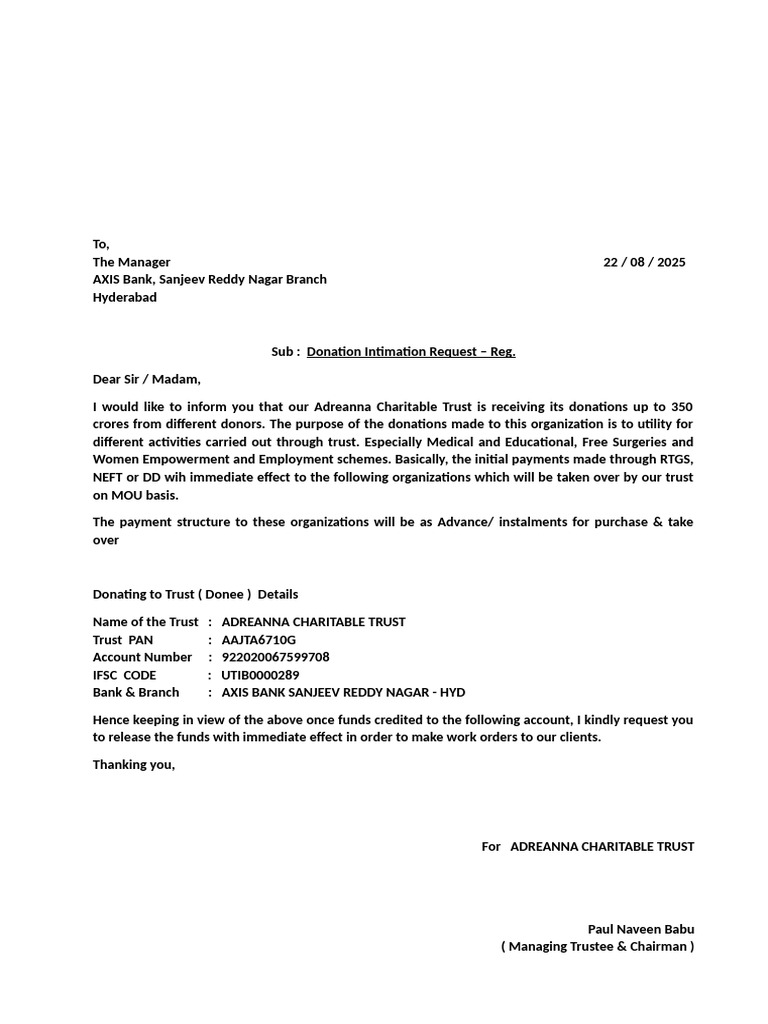 Bank Intimation Axis Donation (1) | PDF | Financial Services | Banking