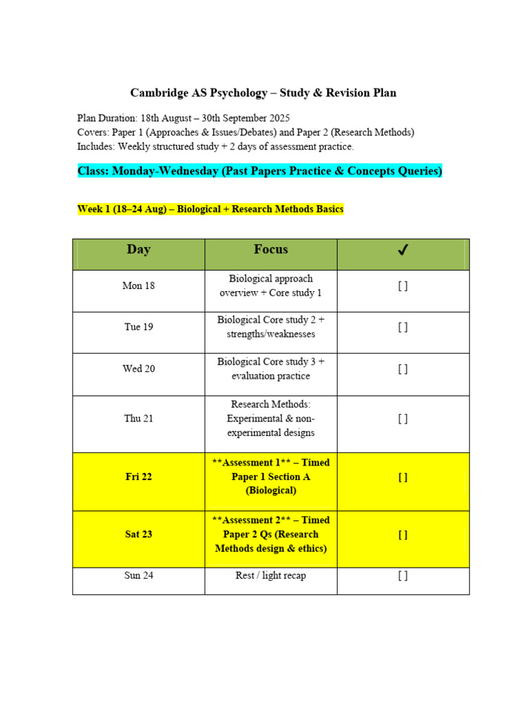 Cambridge As Psychology Weekly Plan | PDF | Statistics | Psychology