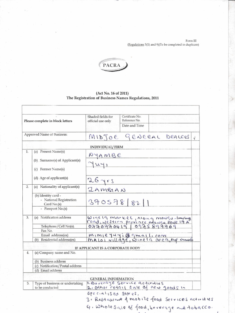 Business Name Registration Form | PDF