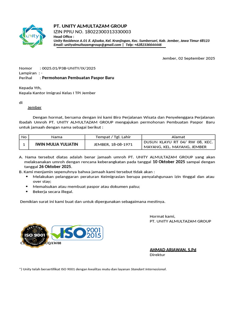 Surat Rekomendasi Pengurusan Paspor Iwin Mulia Yuliatin | PDF