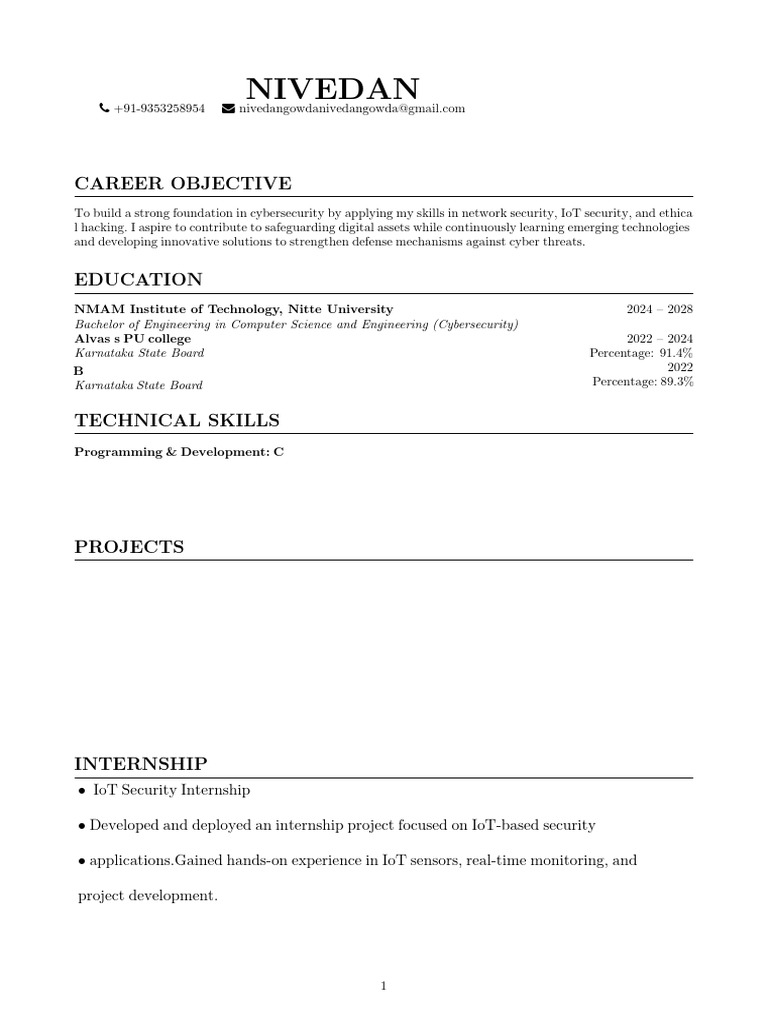 Nivedan - RESUME (10) Final | PDF | Internet Of Things | Computer Security