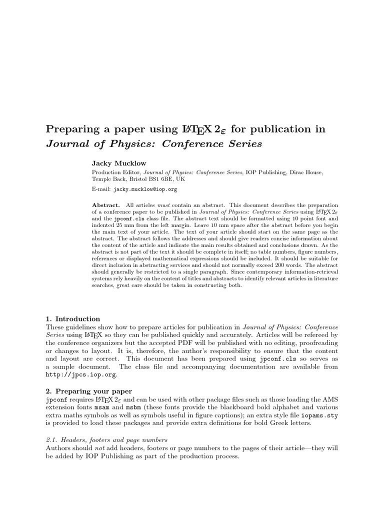 LATEX 2ε Paper Prep for JPCS | PDF | Abstract (Summary) | Page Layout