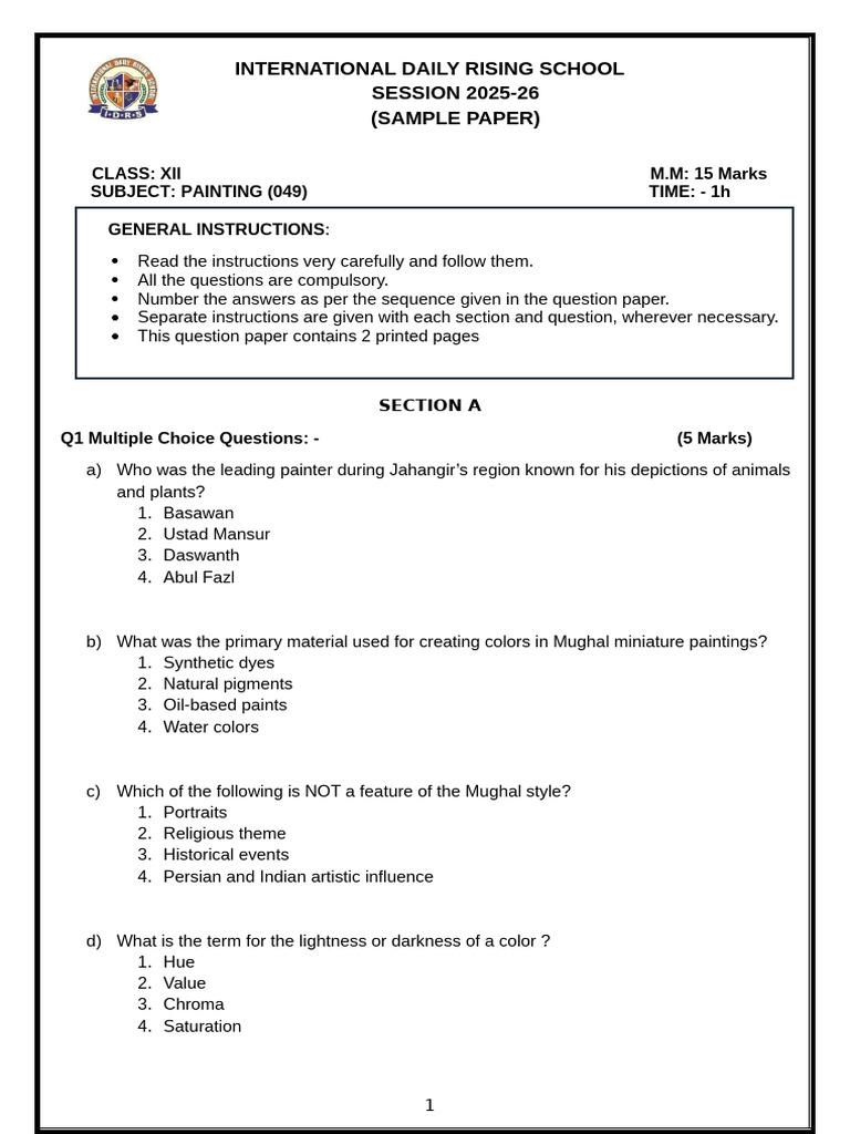 Class XII Painting Sample Paper 2025-26 | PDF