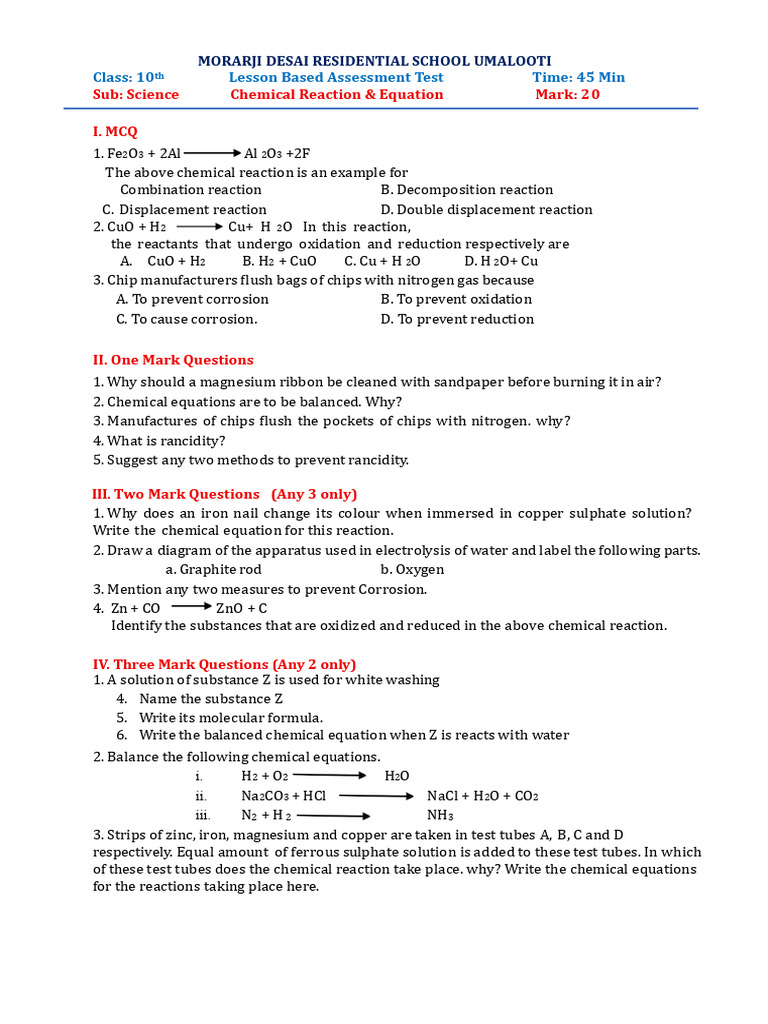 Class 10 Science Assessment: Reactions & Electricity | PDF | Cellular ...