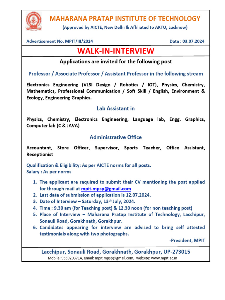 MPIT Faculty Walk-In Interview 2024 | PDF