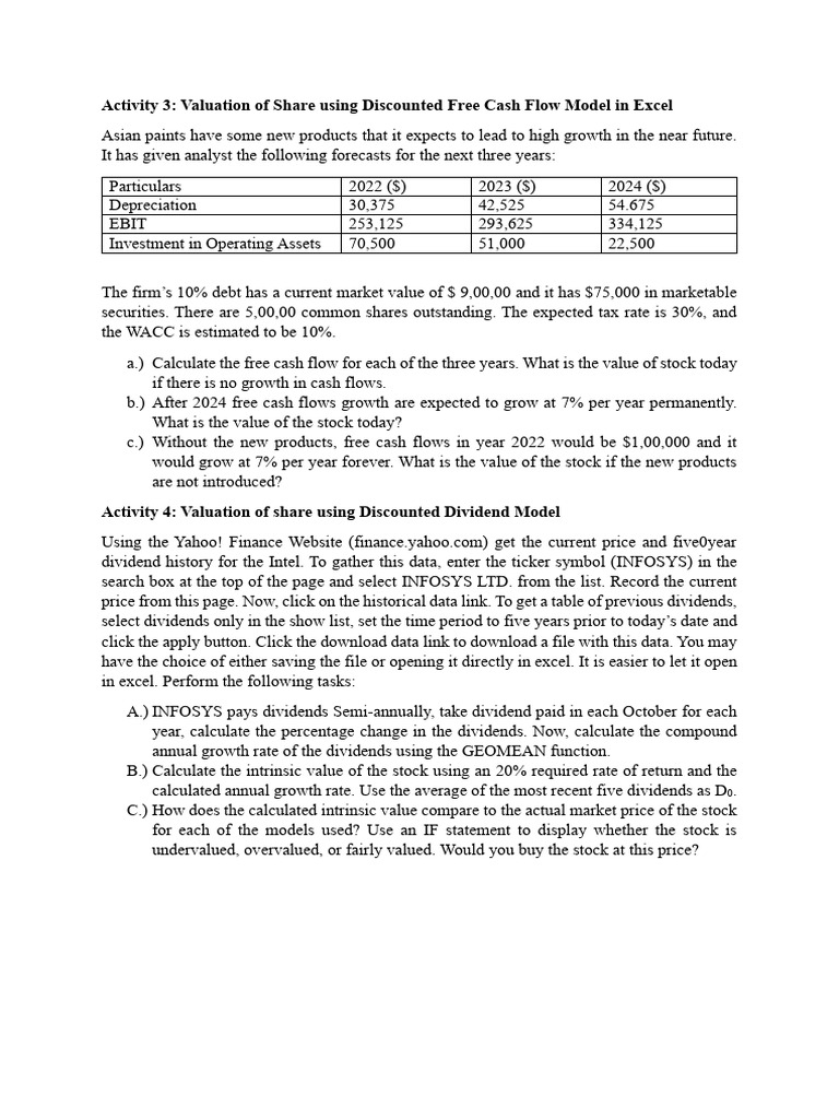 Activity 3 and Activity 4 | PDF | Valuation (Finance) | Dividend