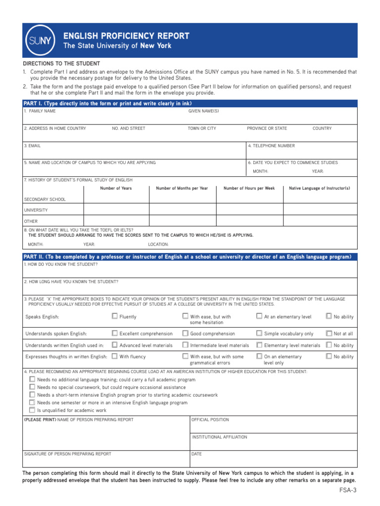 SUNY English Proficiency Report Form | PDF | Mail | English Language