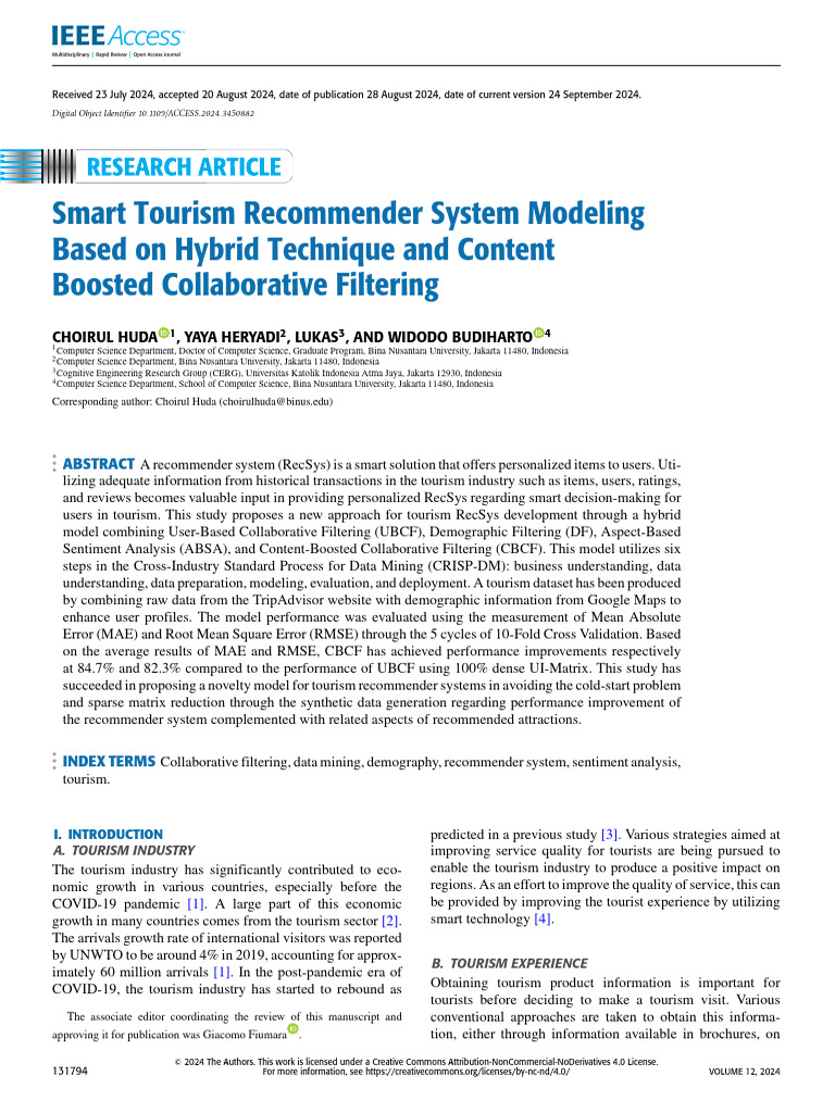 Smart Tourism Recommender System Modeling Based on Hybrid Technique and ...