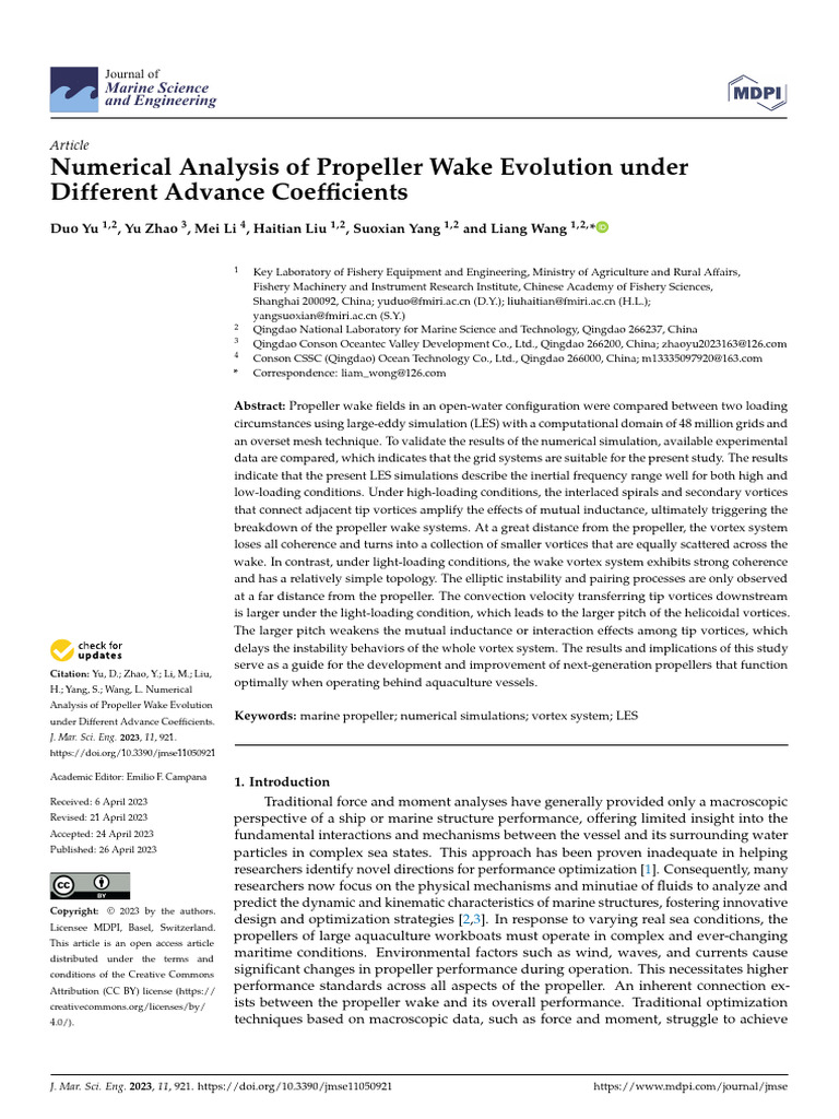 Numerical Analysis of Propeller Wake Evolution Under Different Advance ...