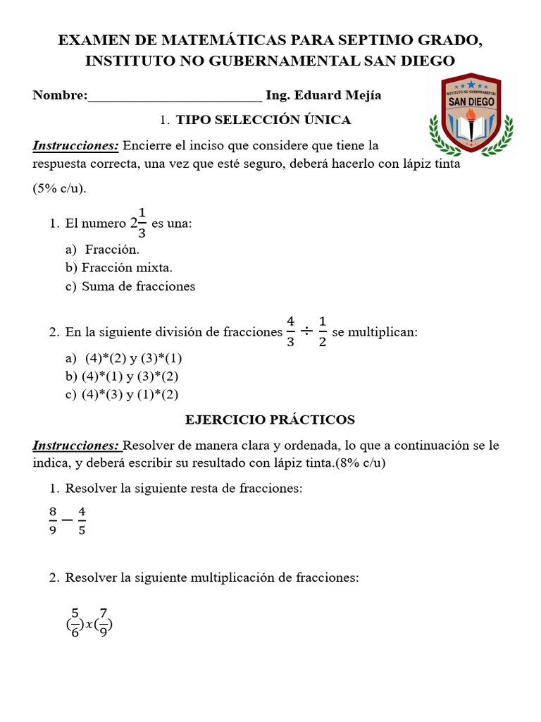 Exámenes de Matemáticas para Séptimo y Décimo Grado | PDF | Ángulo | Masa
