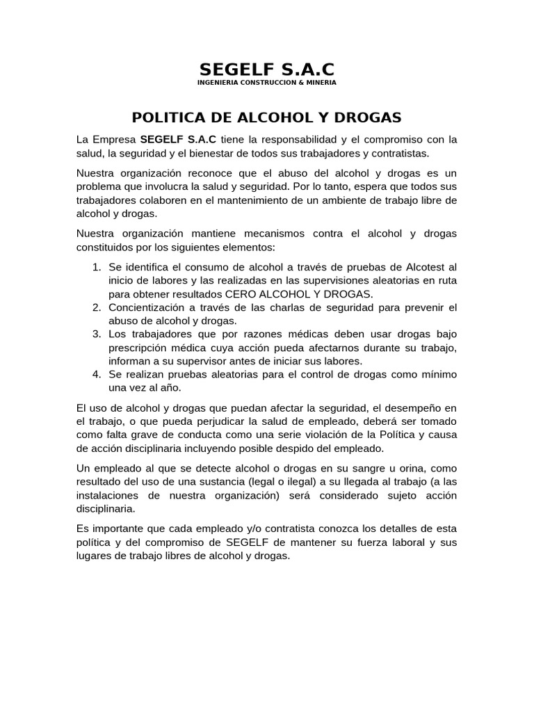 Segelf Politica Alcohol y Drogas | PDF