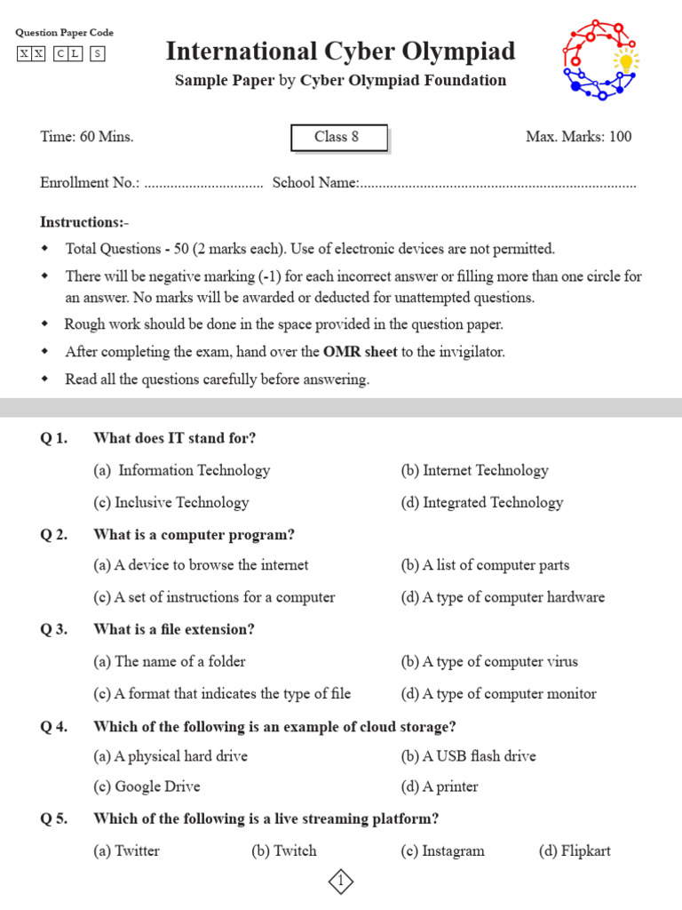Cyber Olympiad Sample Paper for Class 8 | PDF | Hyperlink | Malware