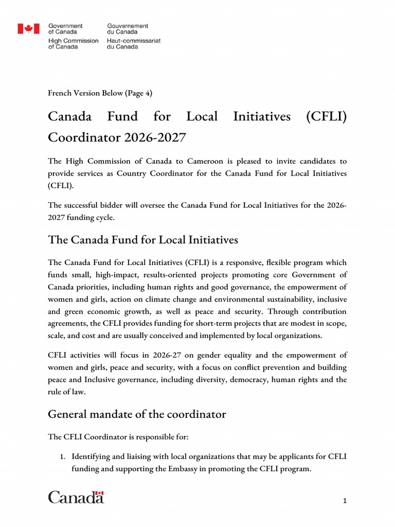 CFLI Coordinator Position in Cameroon 2026-2027 | PDF