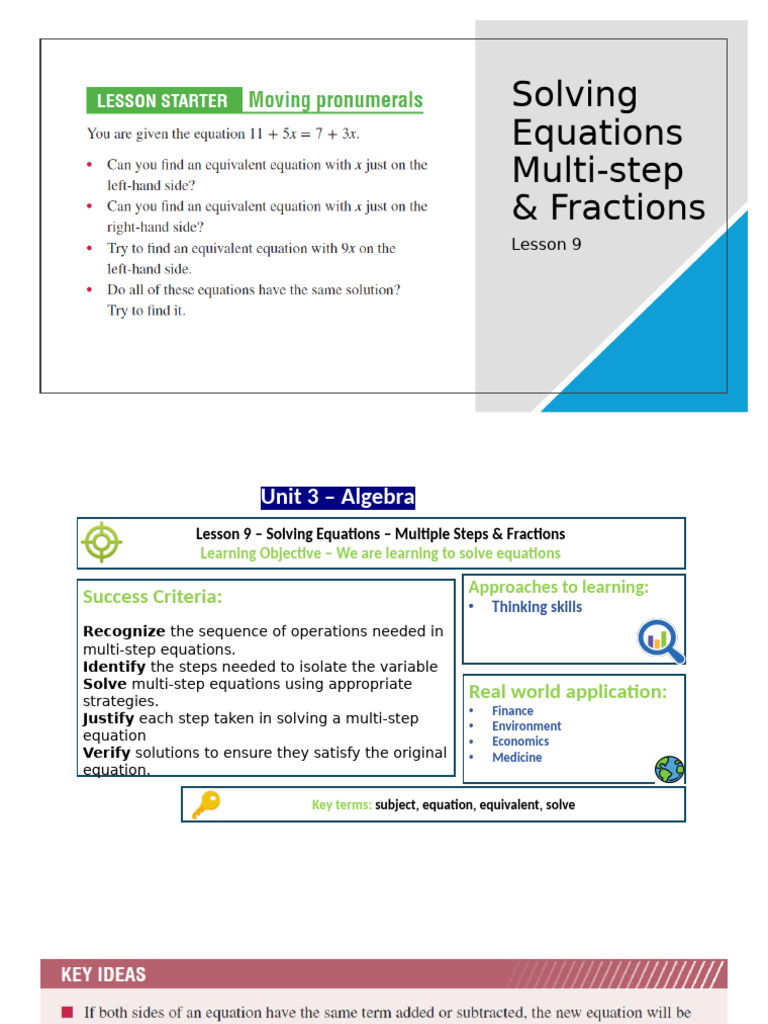 Lesson 9 - Solving Equations Multi-Step and Fractions 2 | PDF