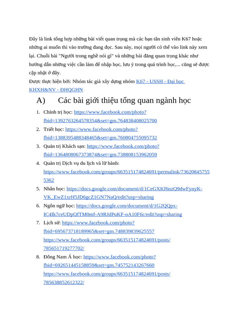 Review Chuyên Ngành Và Các Bài Viết Quan Trọng Cho K67, USSH | PDF