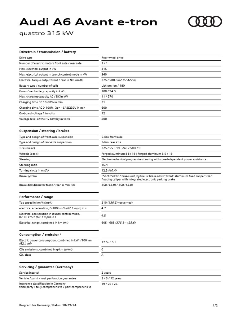 ETD Audi A6 Avant e Tron Quattro 315kW 241029 | PDF | Land Vehicles ...