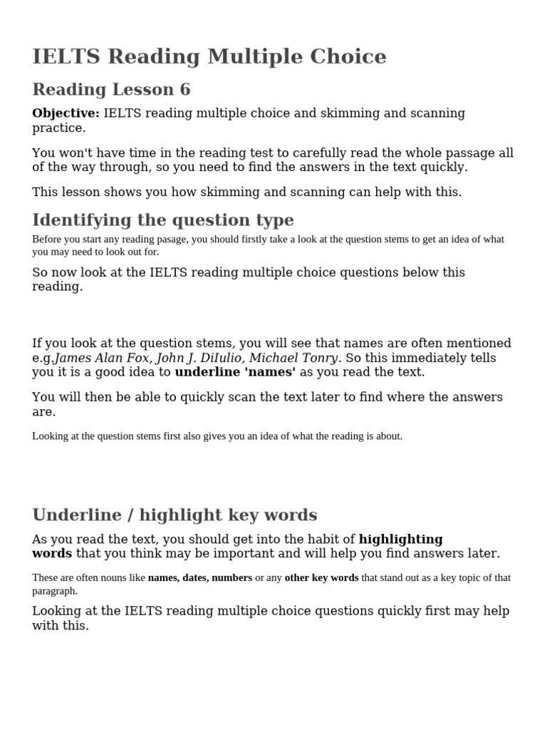 IELTS Reading: Multiple Choice Strategies | PDF | Multiple Choice ...
