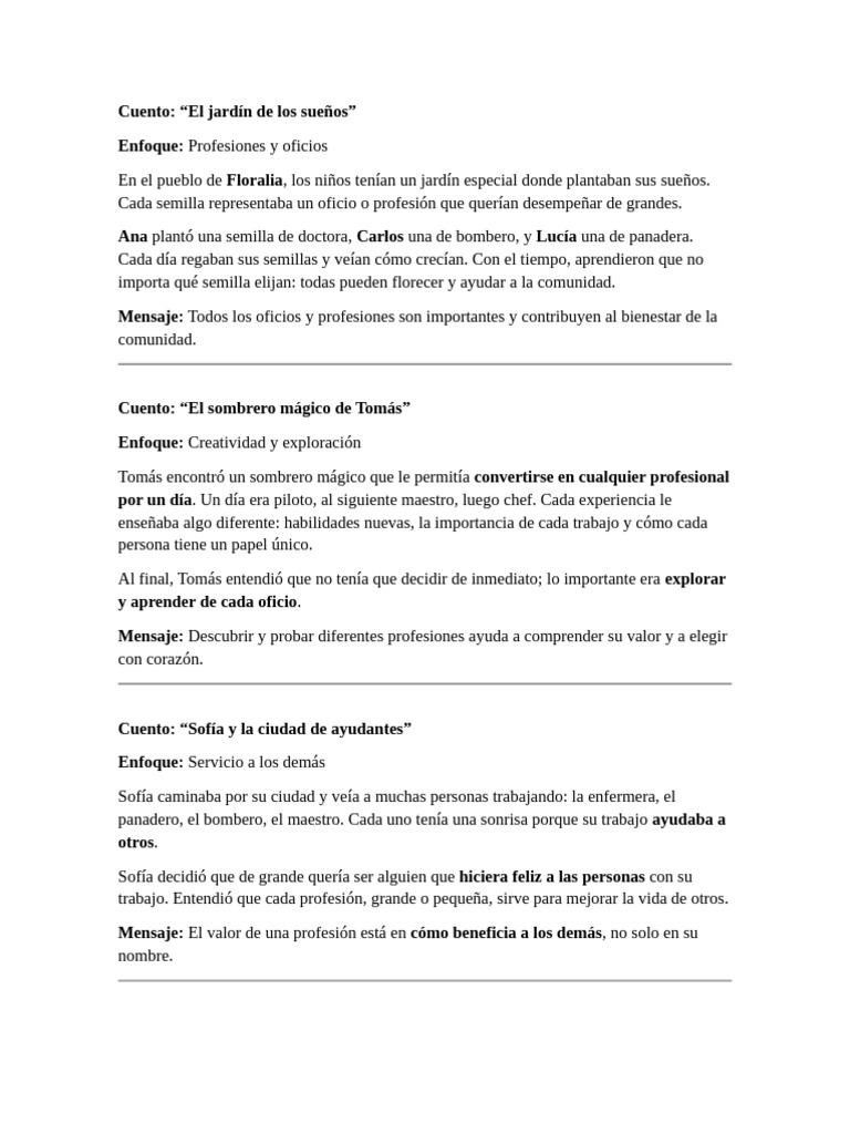 Cuentos sobre profesiones y sueños infantiles | PDF
