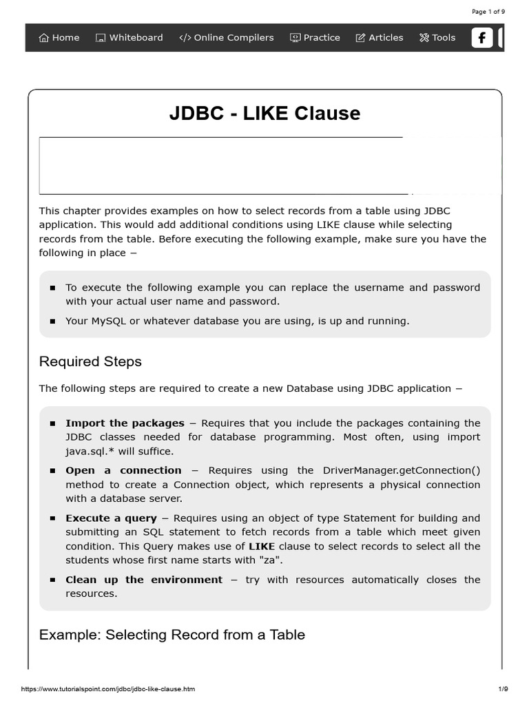 Jdbc - Like Clause | PDF | Databases | Information Technology Management