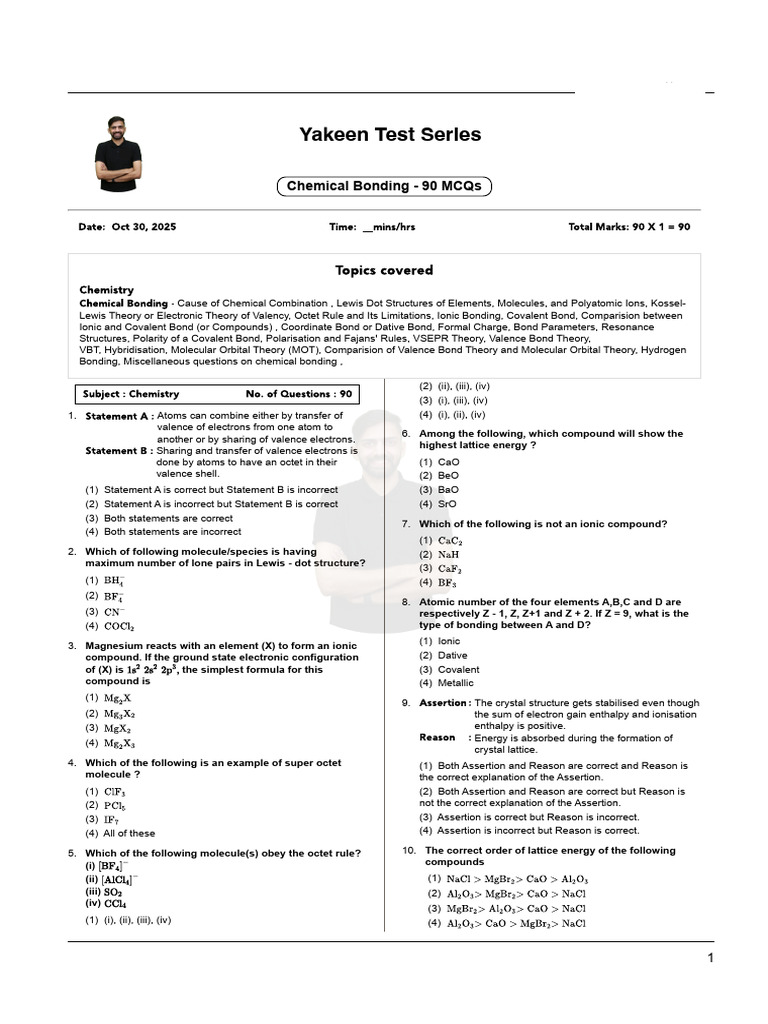 Chemical Bonding - 90 MCQs_question_paper (1) | PDF | Chemical Bond ...