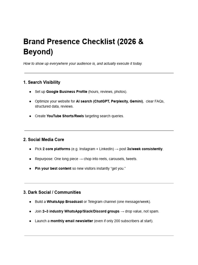Brand Presence Checklist for 2026 | PDF | Mass Media | World Wide Web