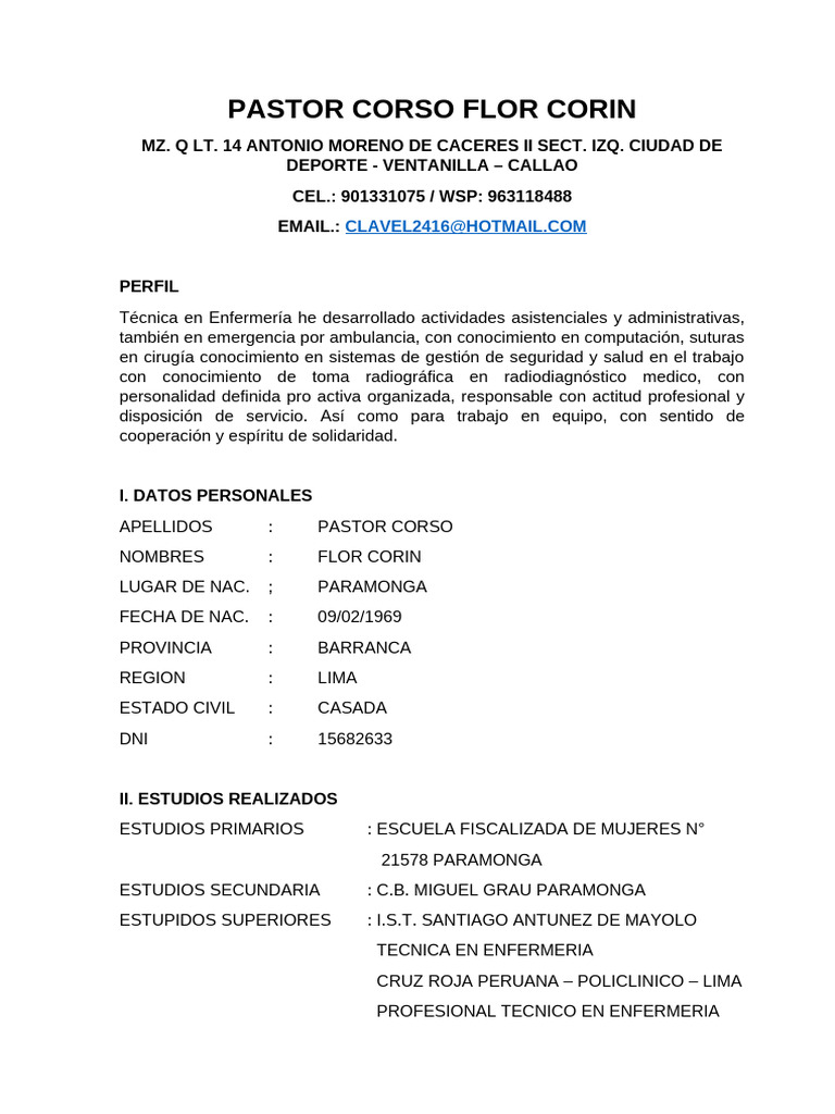 Pastor Corso Flor Corin | PDF | Enfermería | Cuidado de la salud