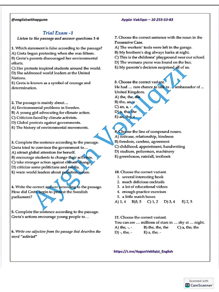 Trial Exam - 1 Aygün Vəkilqızı | PDF