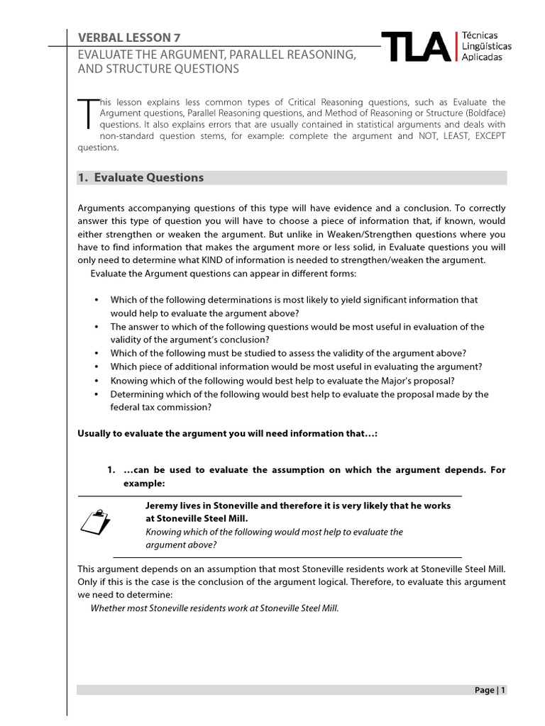 Evaluate Argument & Reasoning Questions | PDF | Argument | Reason