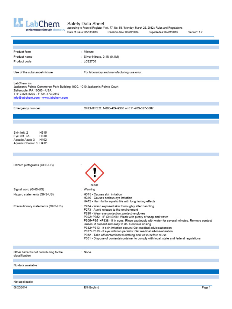 Silver Nitrate 0.1M | PDF | Firefighting | Toxicity