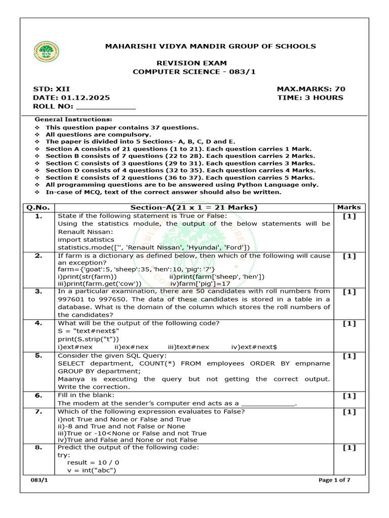 Computer Science Revision Exam XII | PDF | Databases | Data Management ...