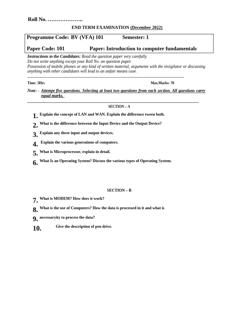 BV 101 Computer Fundamentals Exam Guide | PDF