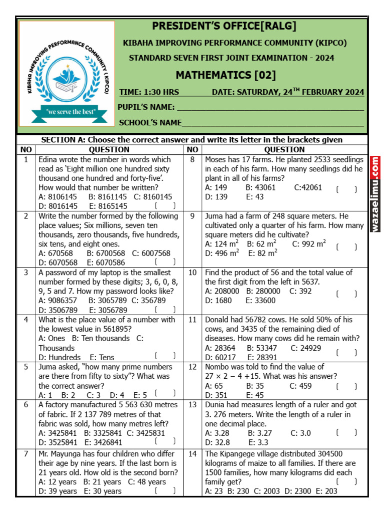 Standard Seven Math Exam Questions | PDF | Area | Elementary Mathematics