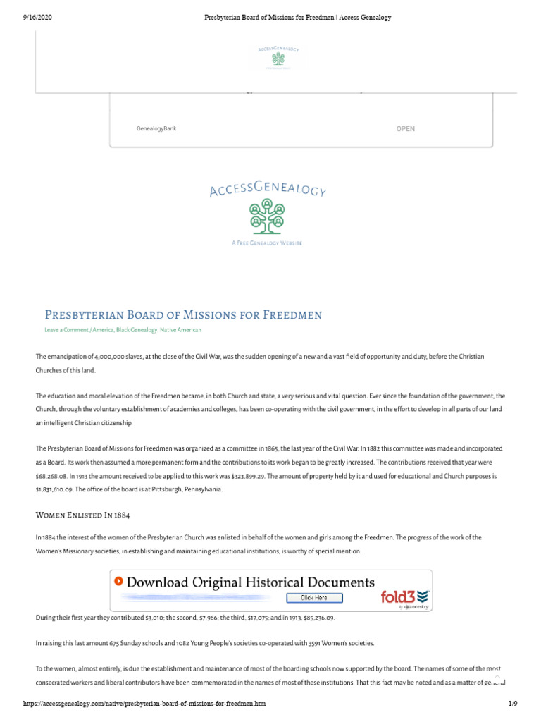 Presbyterian Board of Missions For Freedmen - Access Genealogy | PDF ...