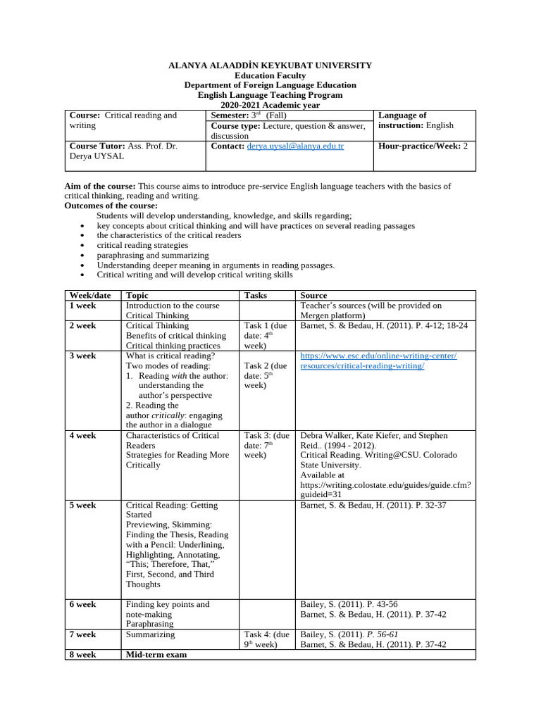 Critical Reading & Writing Course Overview | PDF | Critical Thinking ...